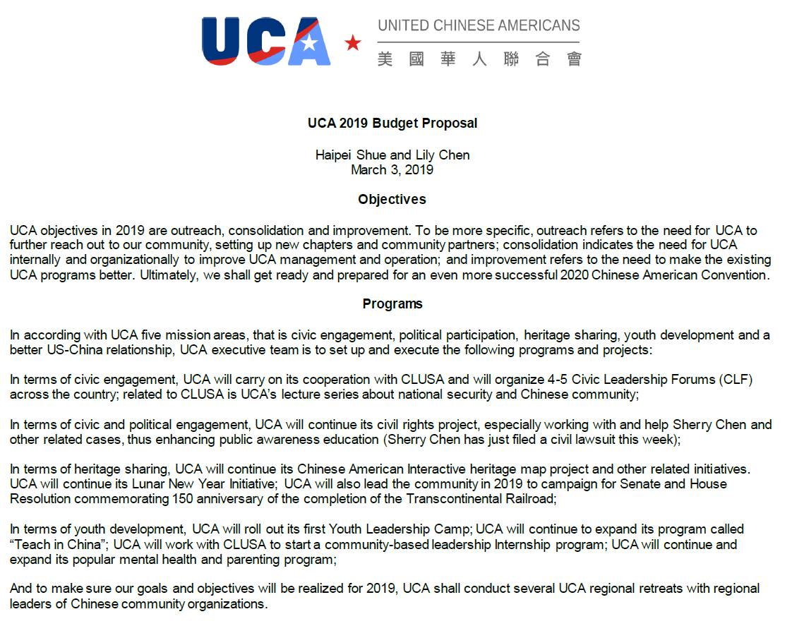 UCA 2019 Budget Proposal – United Chinese Americans